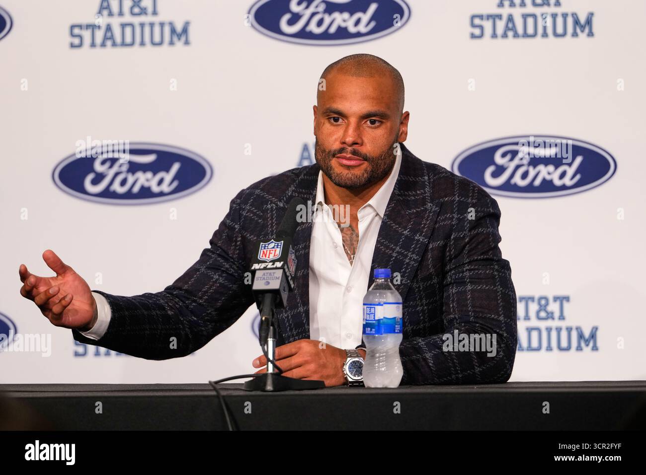 Dallas Cowboys' Dak Prescott responds to questions during a news ...