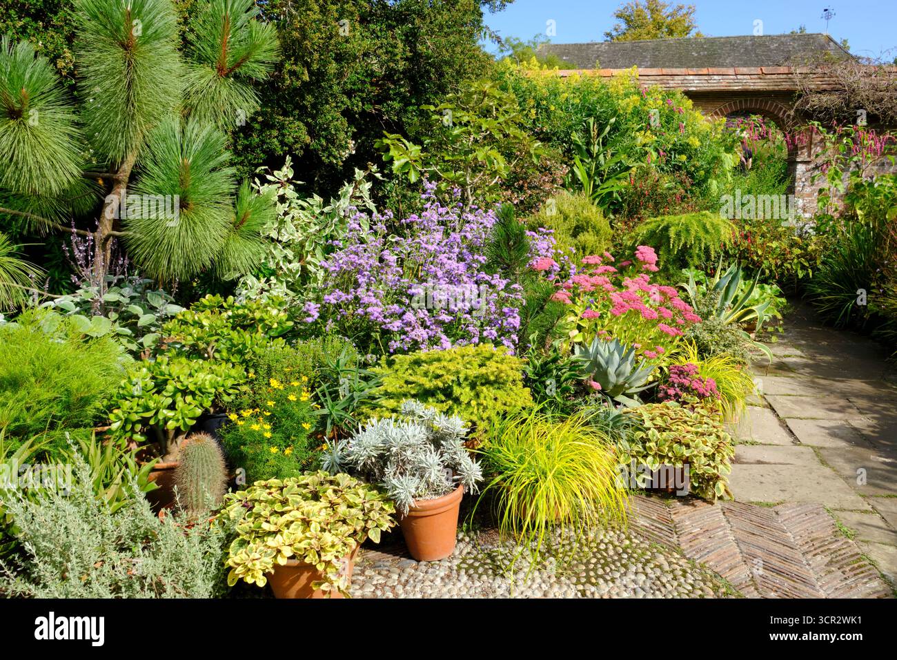 Patio pots at Great Dixter walled garden, East Sussex, UK Stock Photo ...