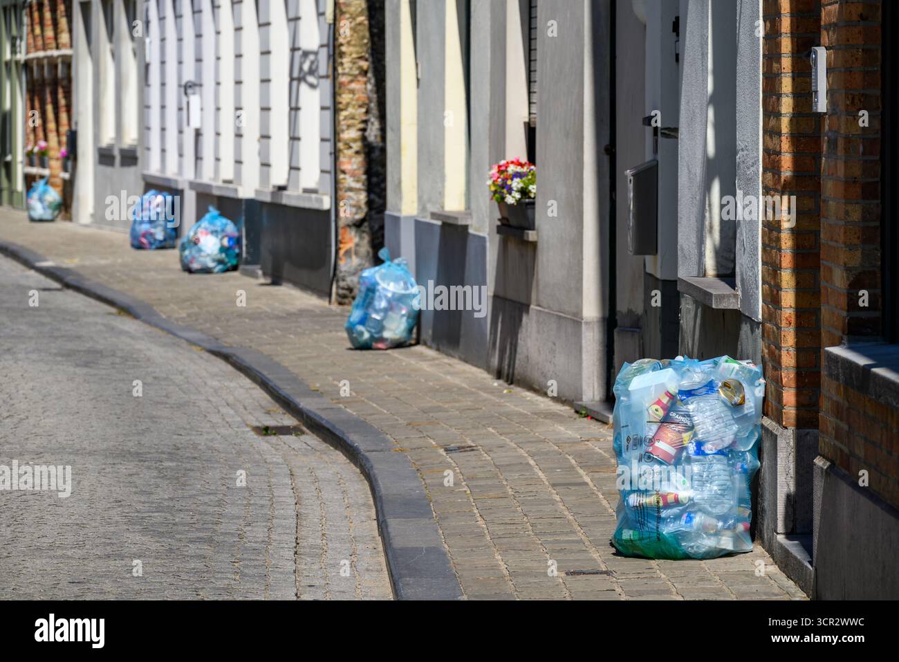 Plastic recycling bags lined up on a cobblestone street in historical ...