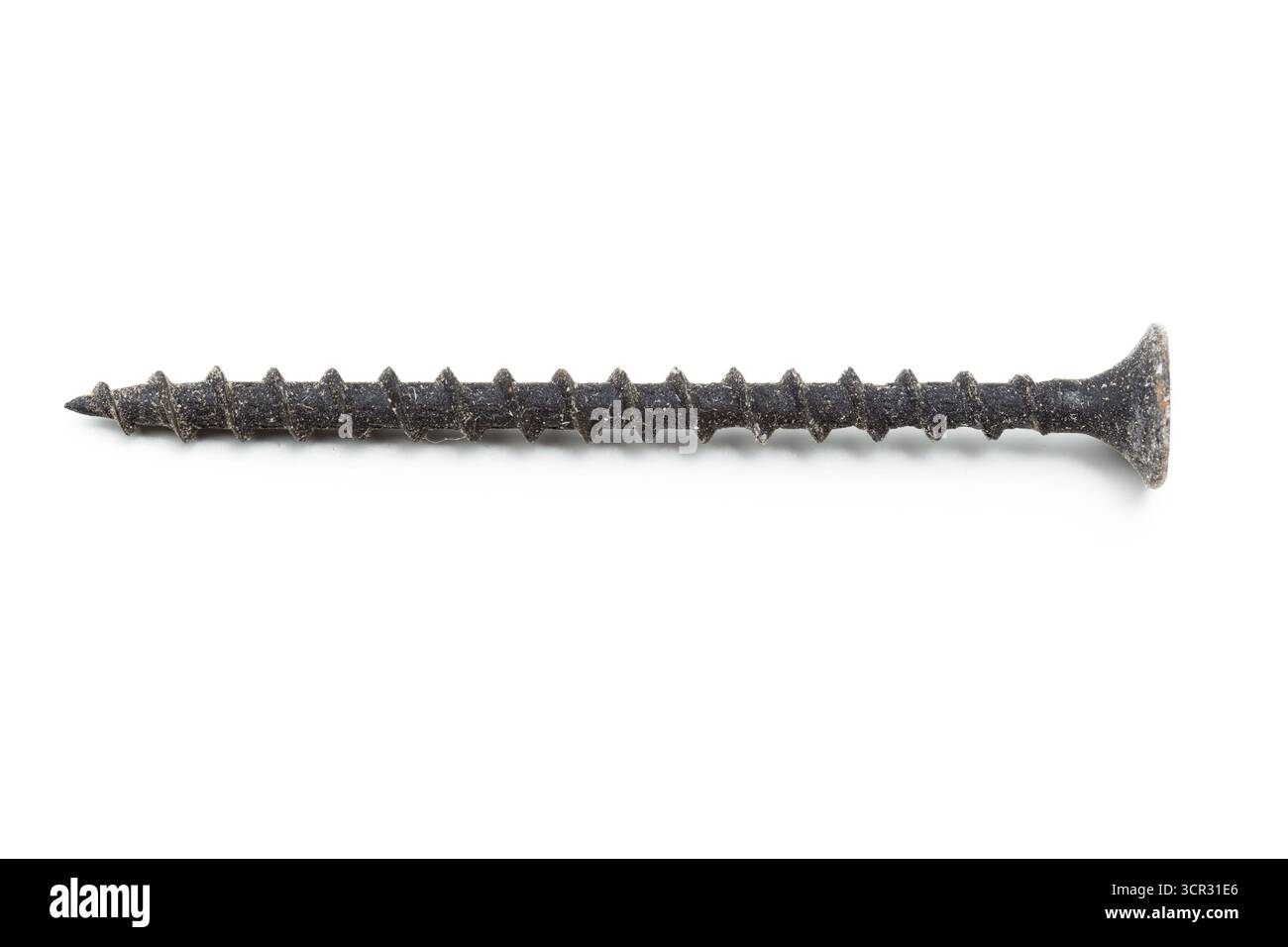 Black screw lying on a white background ready for construction and ...