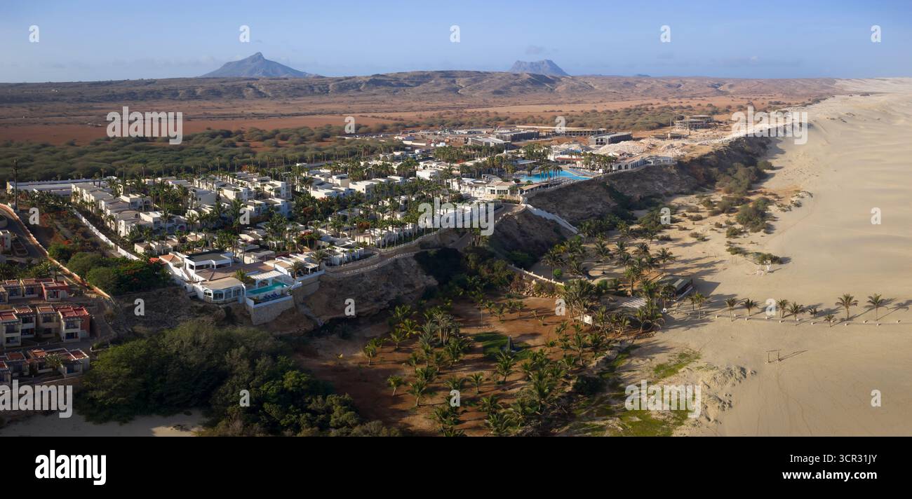Aerial view of Praia de Chaves and background desert with its volcanic ...