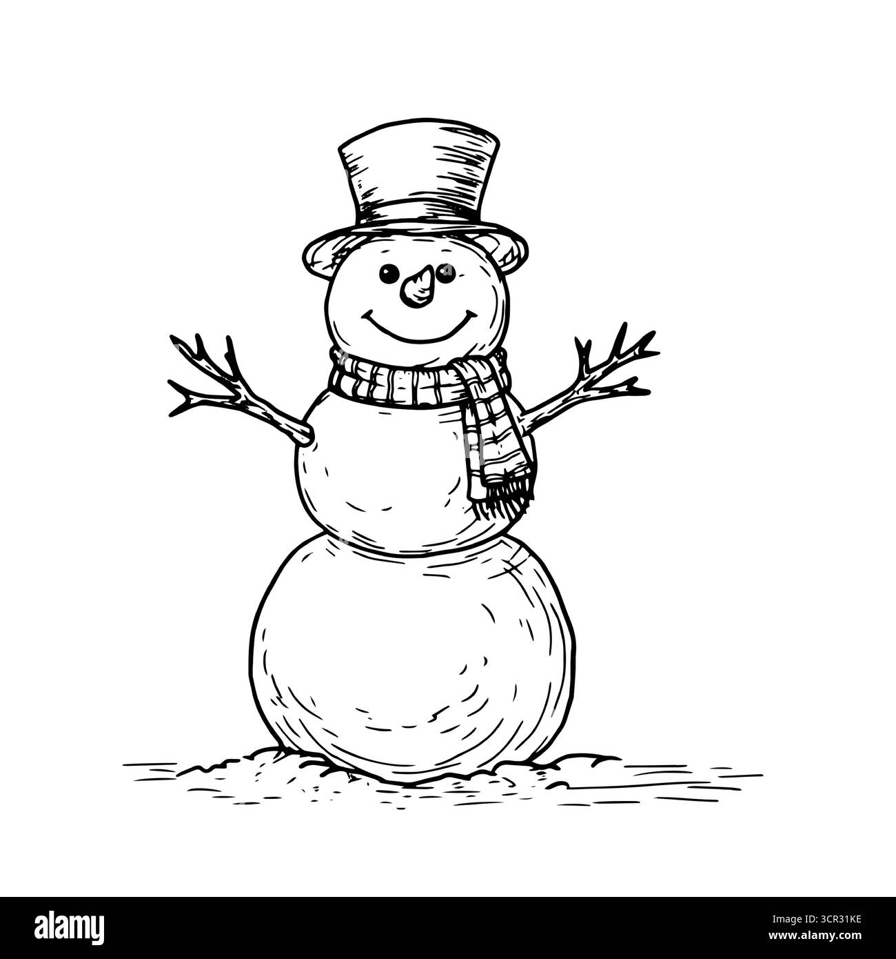 Snowman in a hat with eyes, black and white sketch. Vector illustration ...