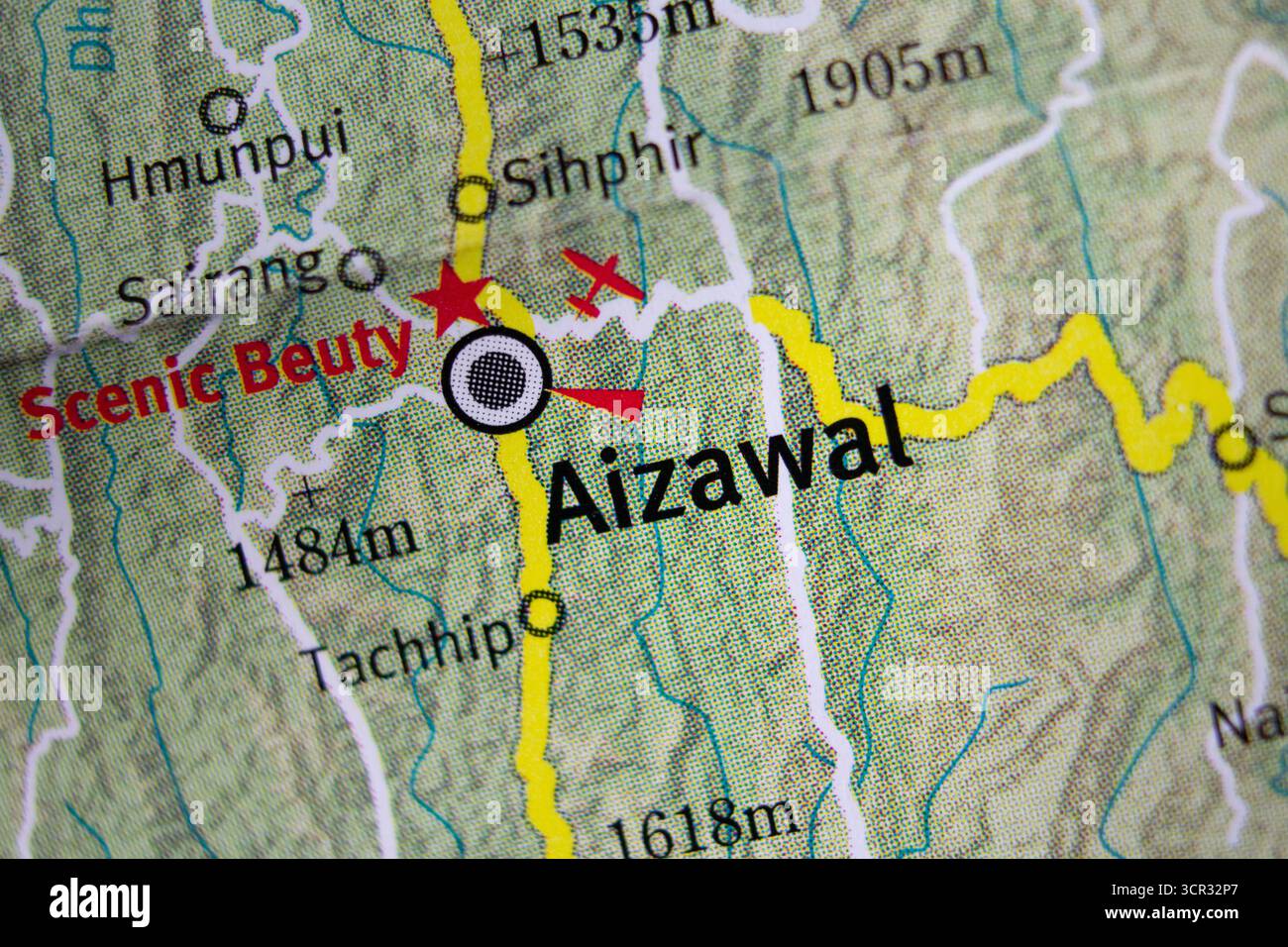 Aizawal, India - colour atlas map of town and a name of the district or ...