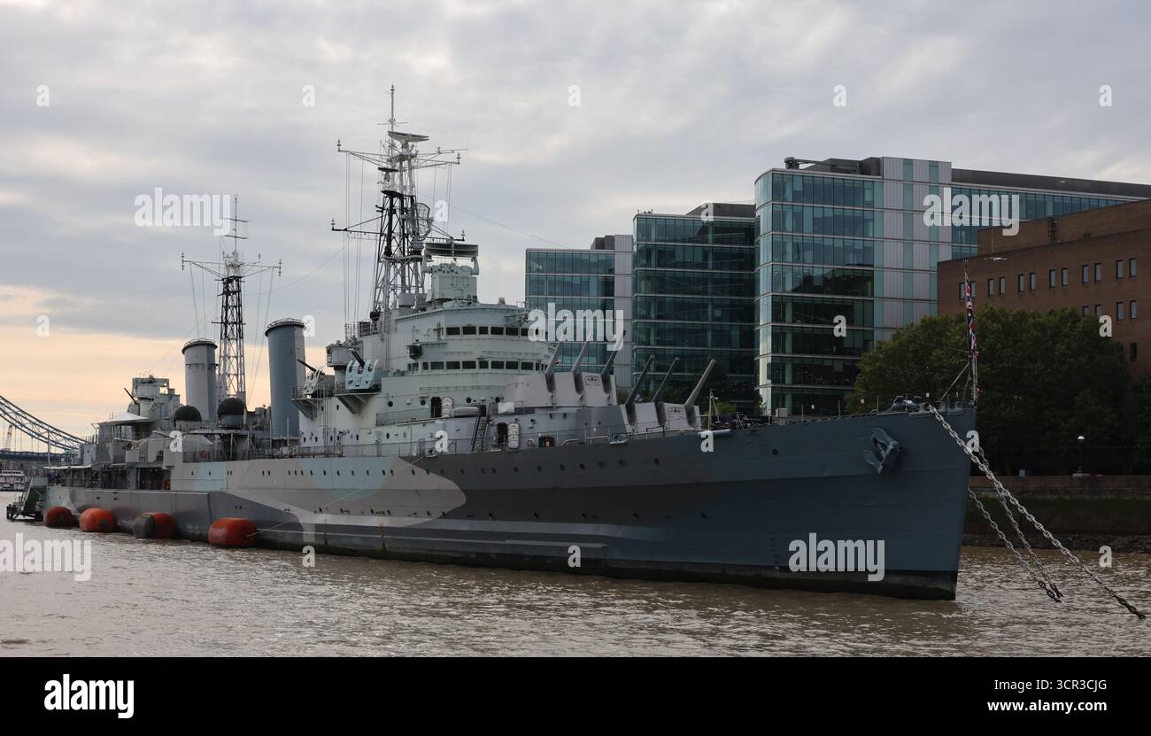 View of the HM Belfast on the River Thames, London on 28th September ...