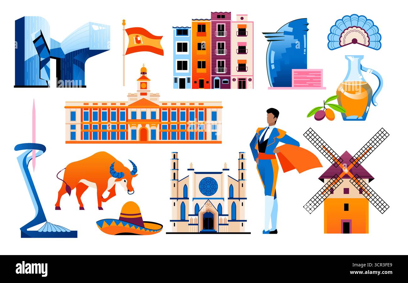 Spanish landmarks and symbols - set of flat design style objects Stock ...