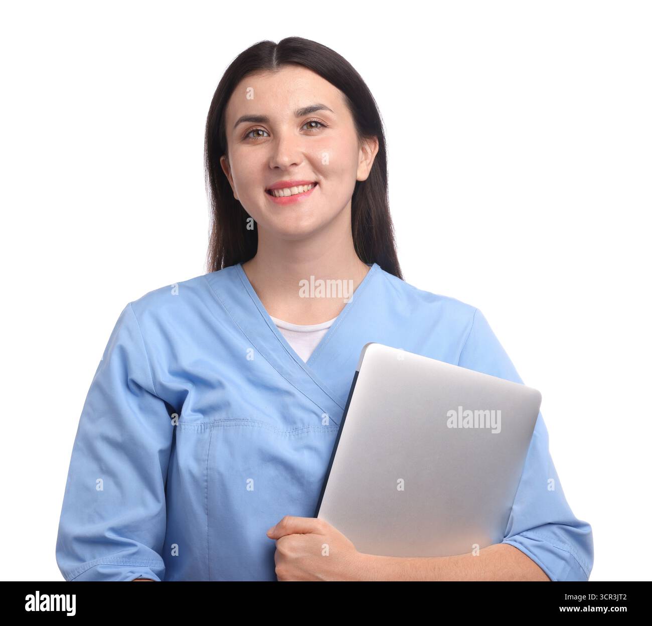 Portrait of nurse with laptop on white background Stock Photo - Alamy