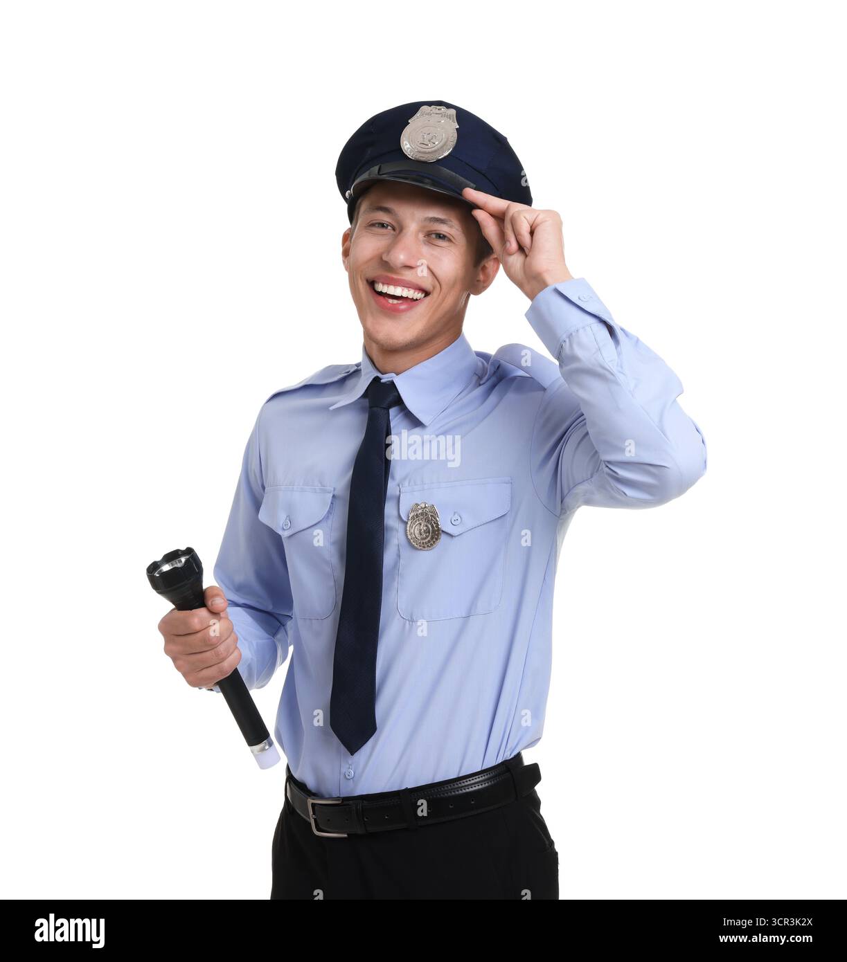 Portrait of policeman in uniform with flashlight isolated on white ...
