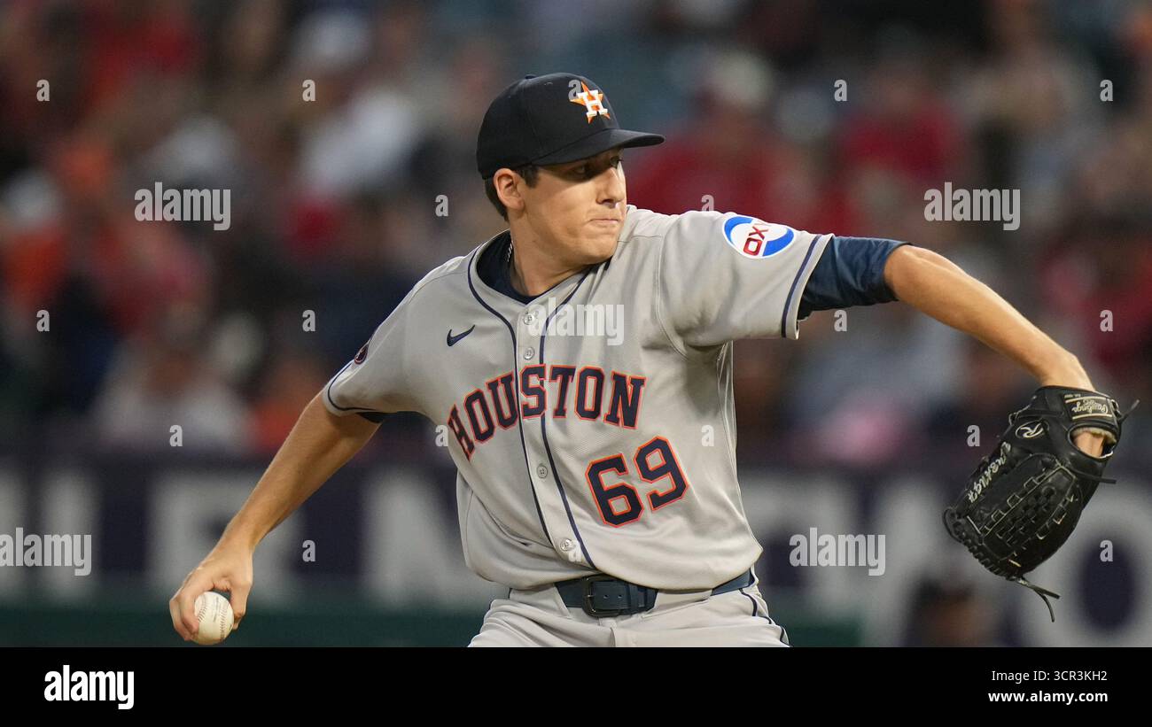 Houston Astros starting pitcher AJ Blubaugh (69) throws against the Los ...