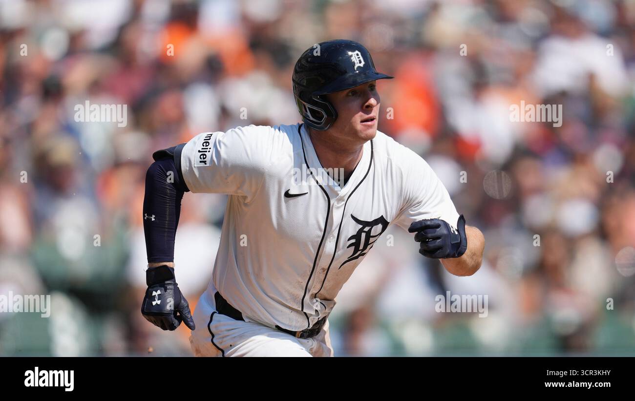 Detroit Tigers' Colt Keith runs to first base against the Cleveland ...