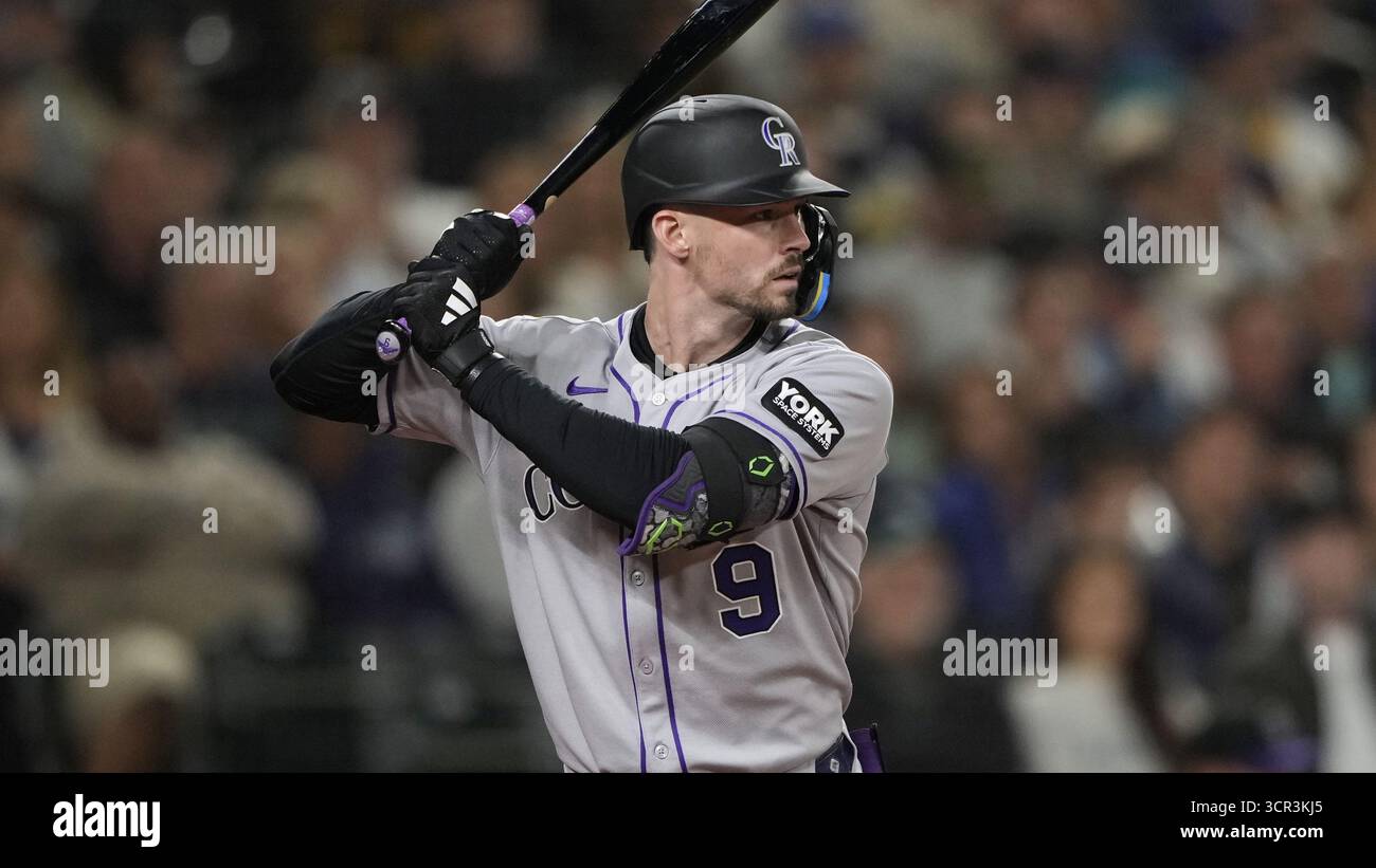 Colorado Rockies' Brenton Doyle stands at bat during a baseball game ...