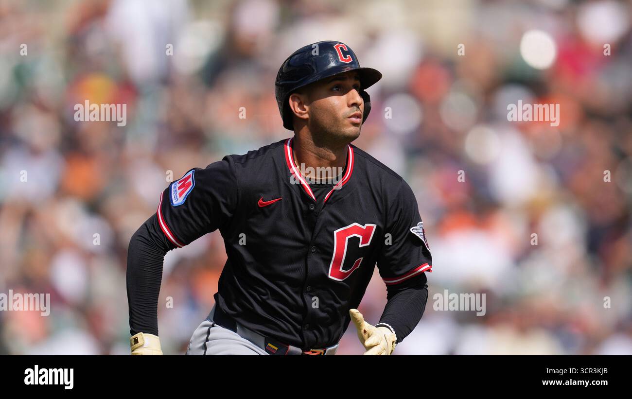 Cleveland Guardians' Brayan Rocchio hits a triple against the Detroit ...