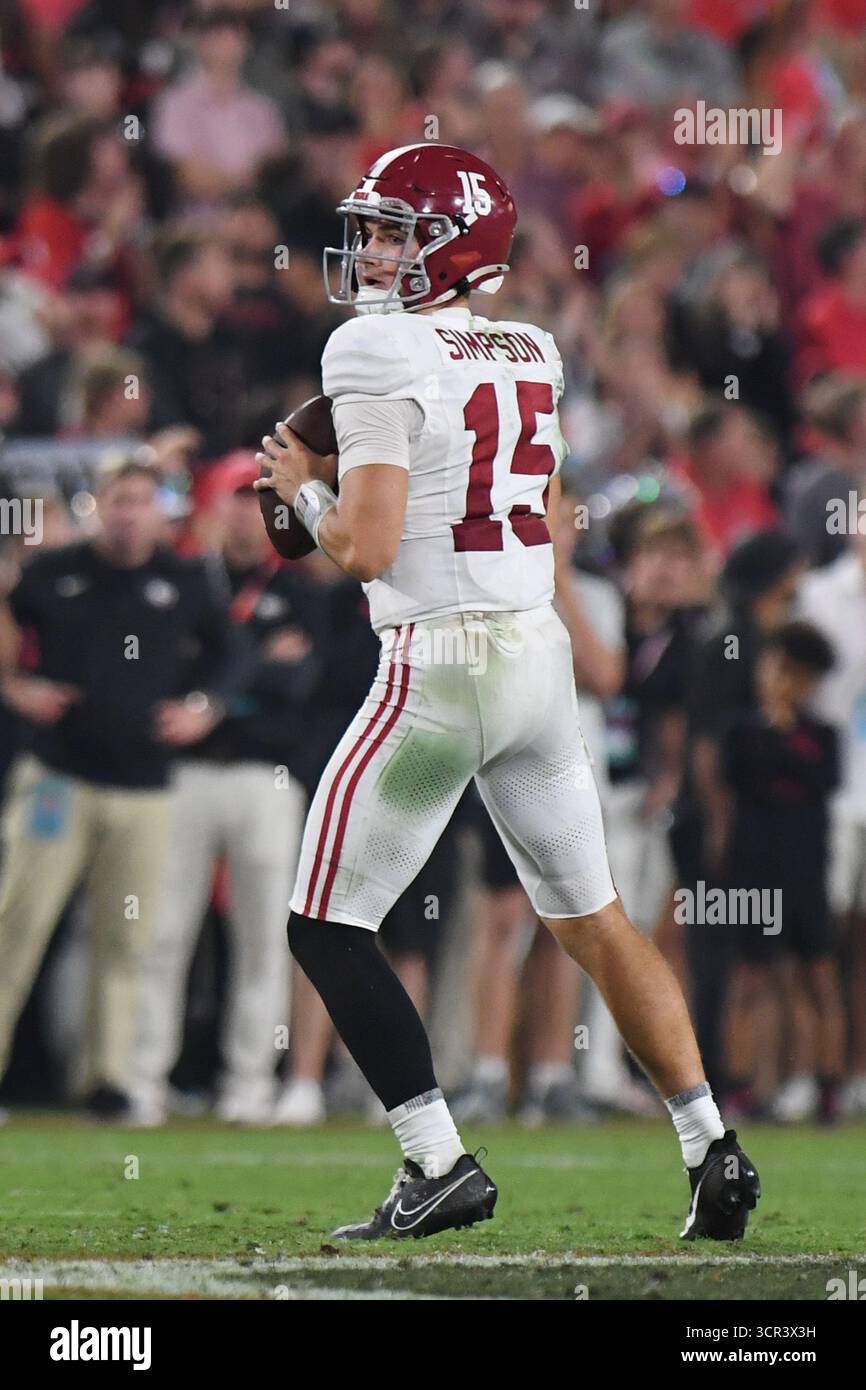 ATHENS, GA - SEPTEMBER 27: Quarterback Ty Simpson #15 of the Alabama ...