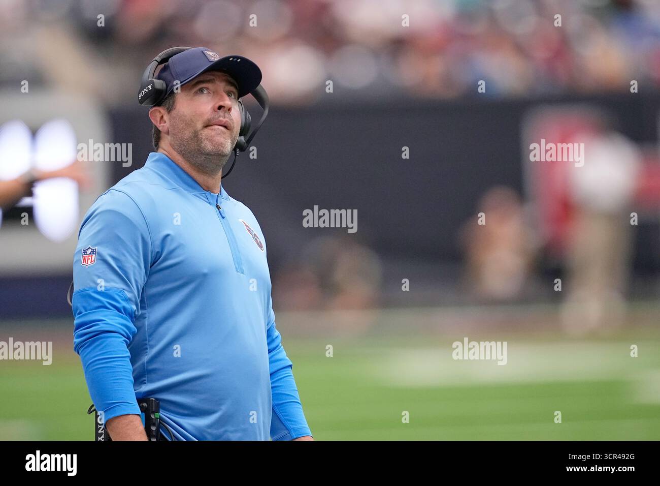 Tennessee Titans coach Brian Callahan looks up at the scoreboard during ...