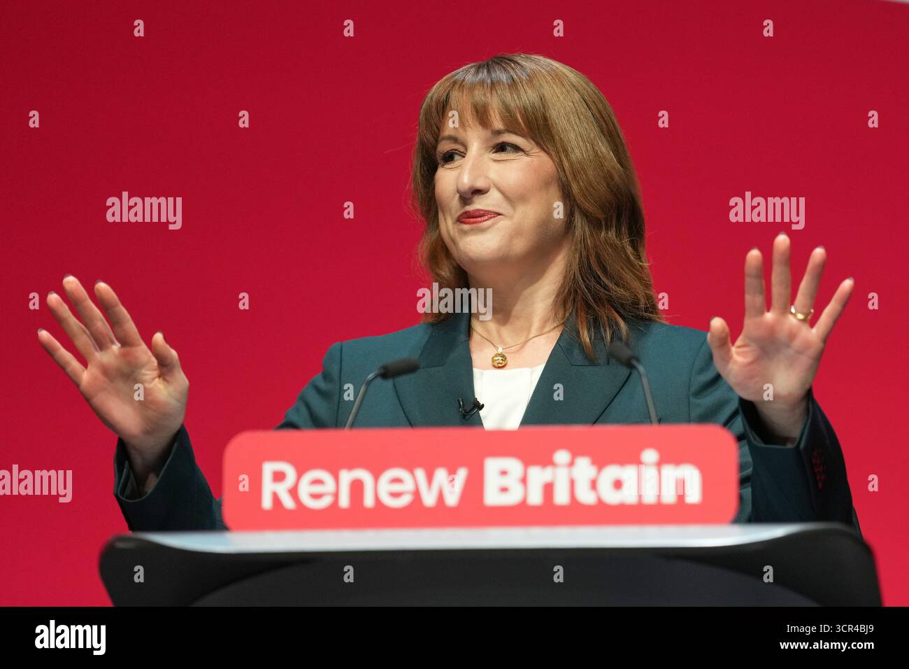 Britain's Chancellor of the Exchequer Rachel Reeves, gestures as she ...