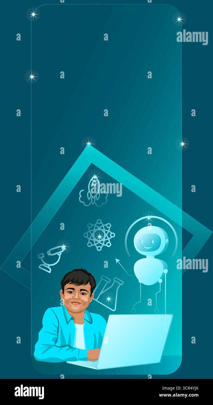 Indian boy with AI tutor in digital classroom with artificial ...