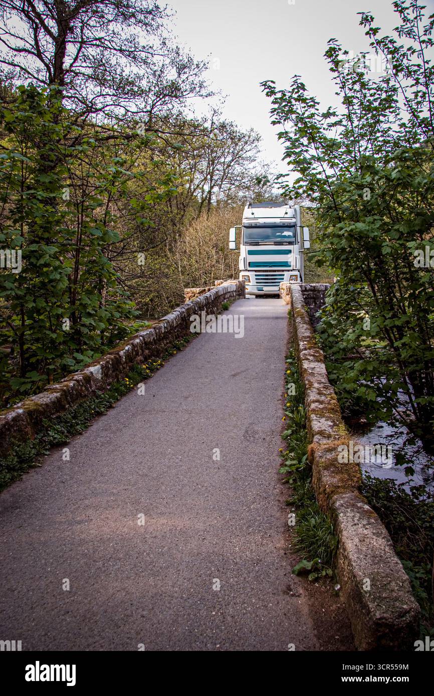 Large white articulated lorry brought to a halt in Cornwall England due ...