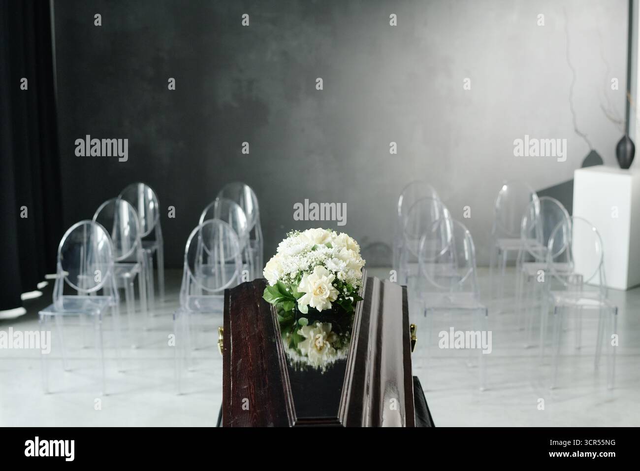 Empty Funeral Chapel Featuring Coffin with Flowers Awaiting Memorial ...