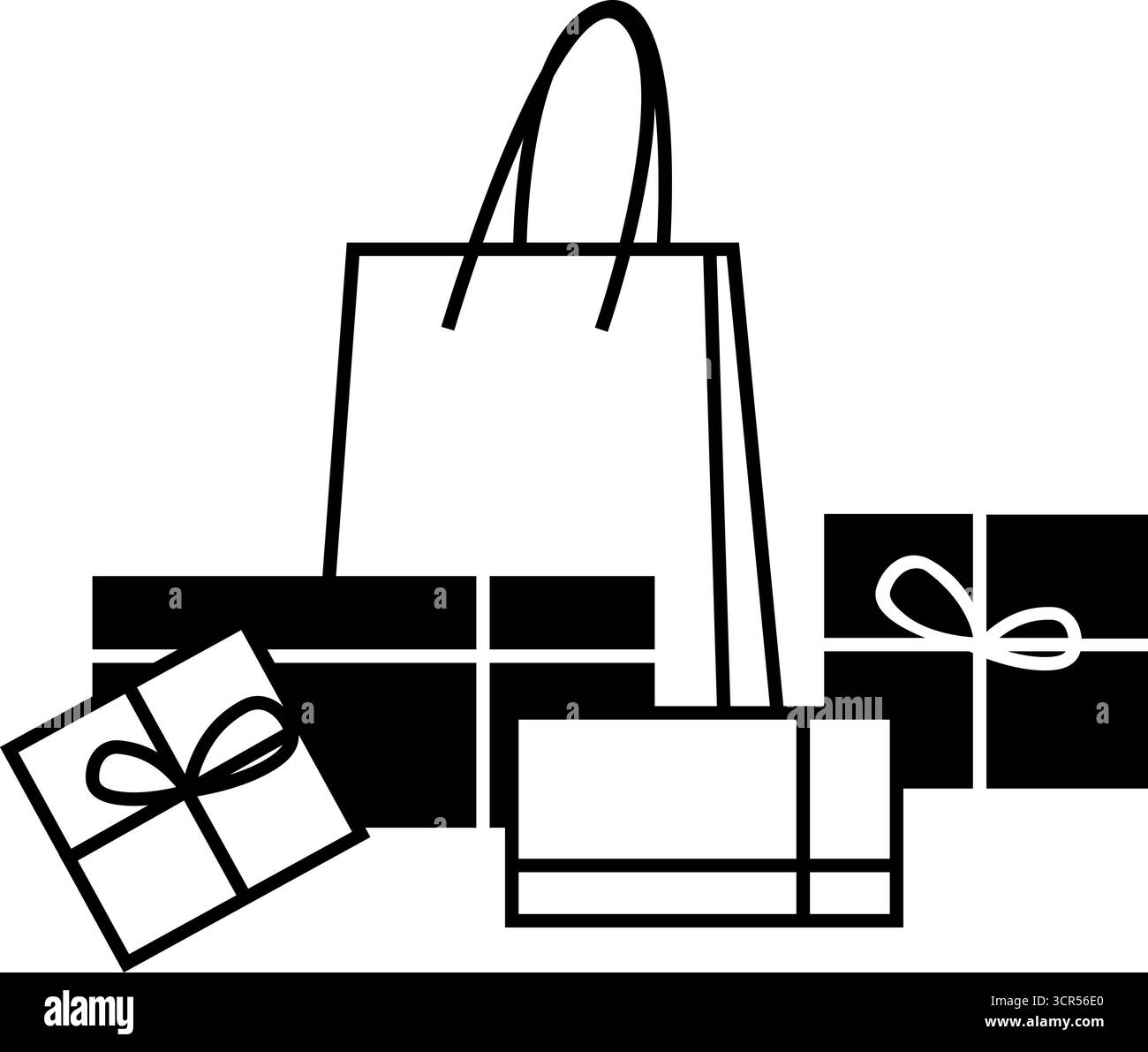 Paper bag and boxes with presents. Black color illustration. Outline ...