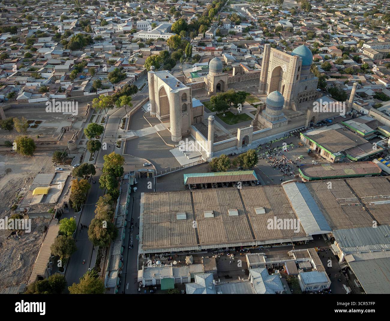 Aerial view of the Bibi Khanym Mosque's majestic arches and azure domes ...