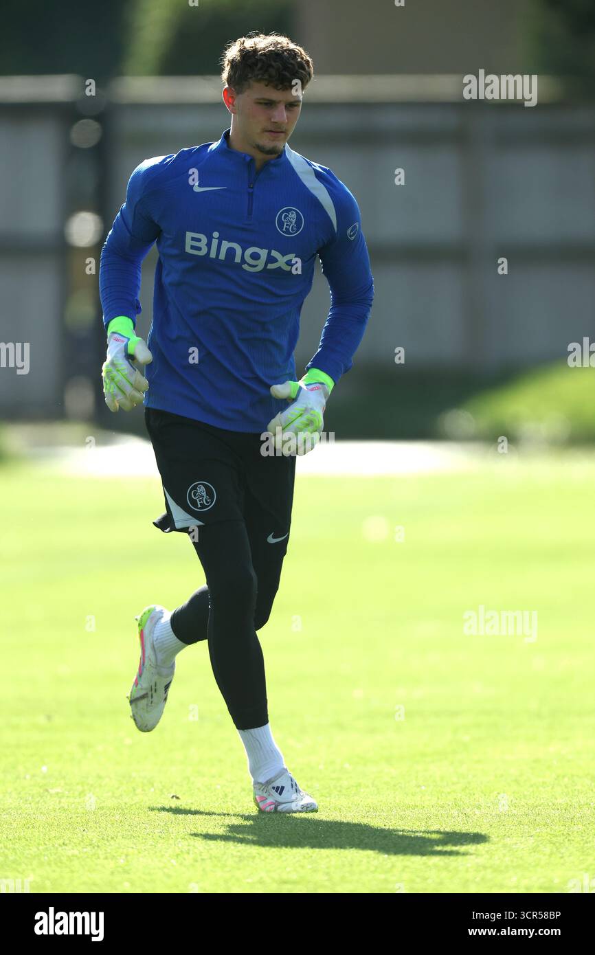 Chelsea goalkeeper Max Merrick during a training session at Cobham ...