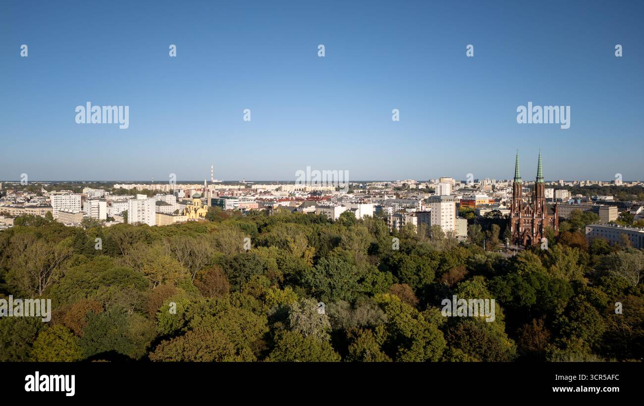Aerial view of verdant trees concealing city buildings, with the ...