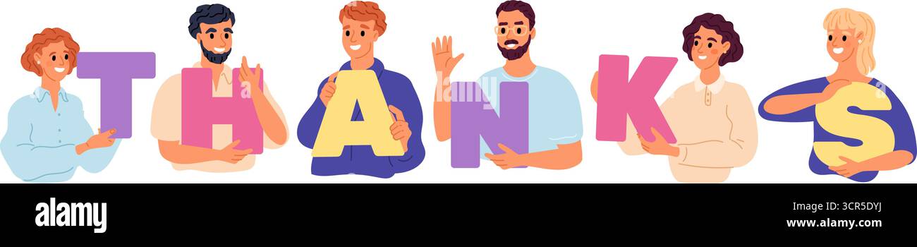 Cheerful young men and women hold up letters spelling out word thanks ...