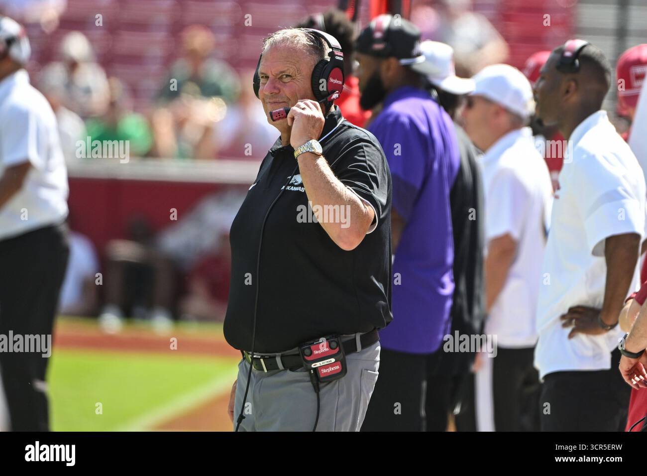 Arkansas coach Sam Pittman on the sidelines against Notre Dame during ...