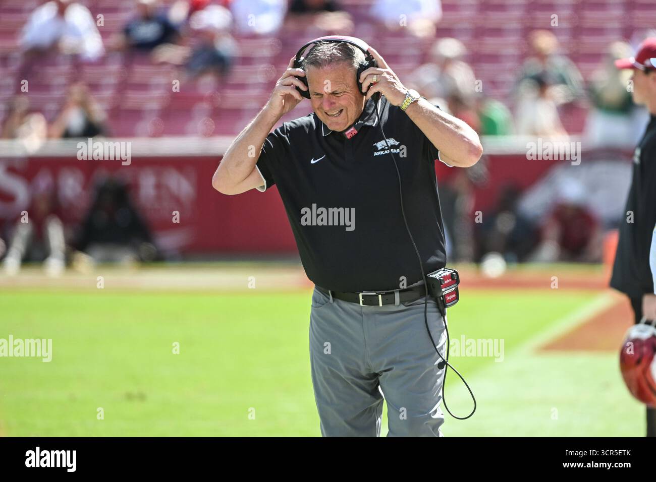 Arkansas coach Sam Pittman on the sidelines against Notre Dame during ...