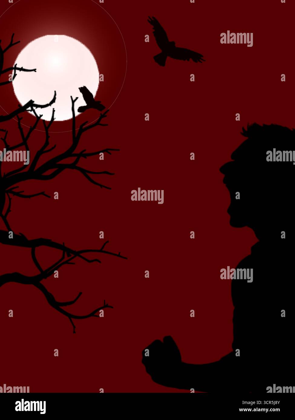 full moon, moonlight, flying birds, tree branch, shouting man, angry ...