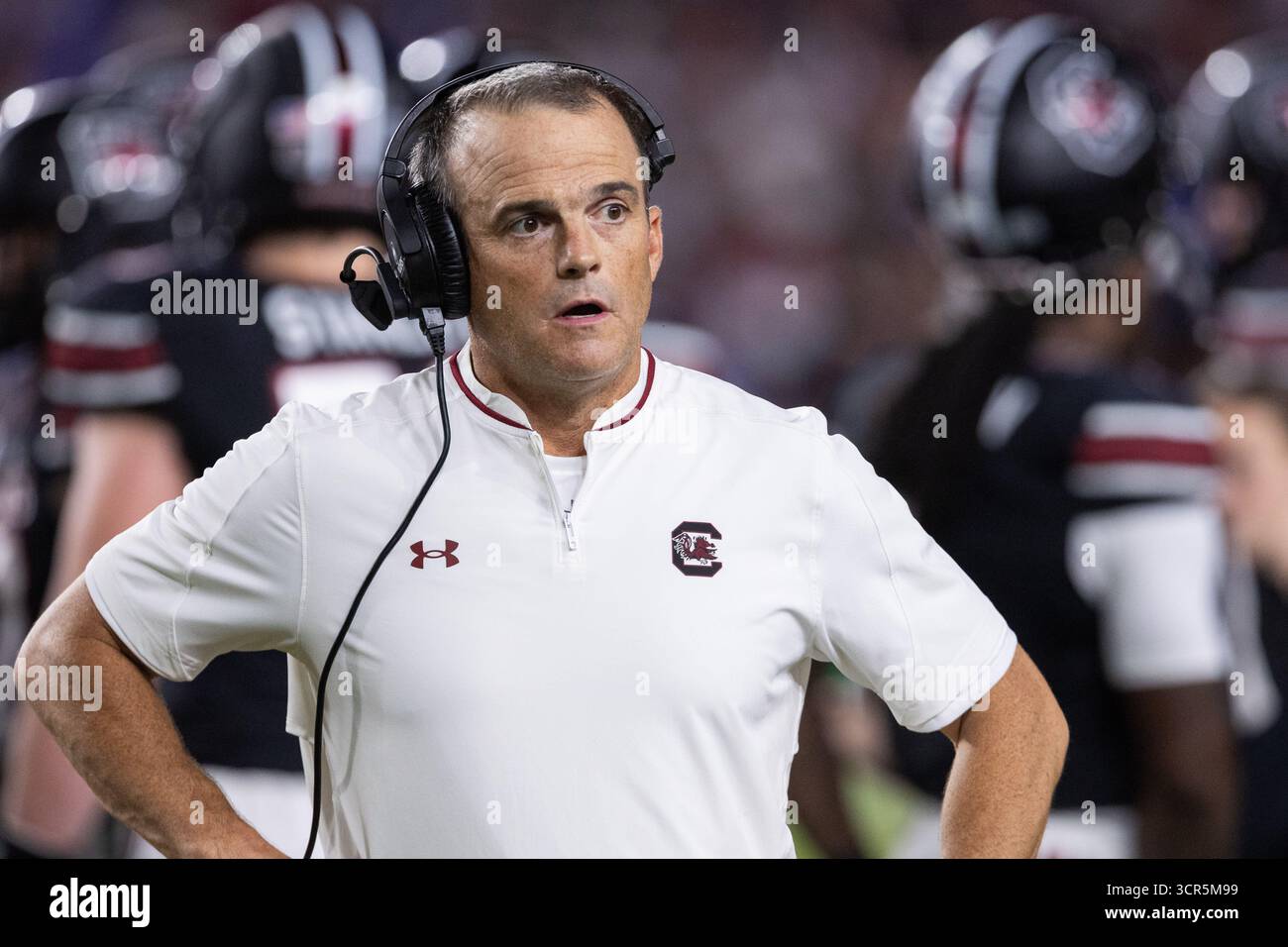 South Carolina head coach Shane Beamer walks the sideline during a ...