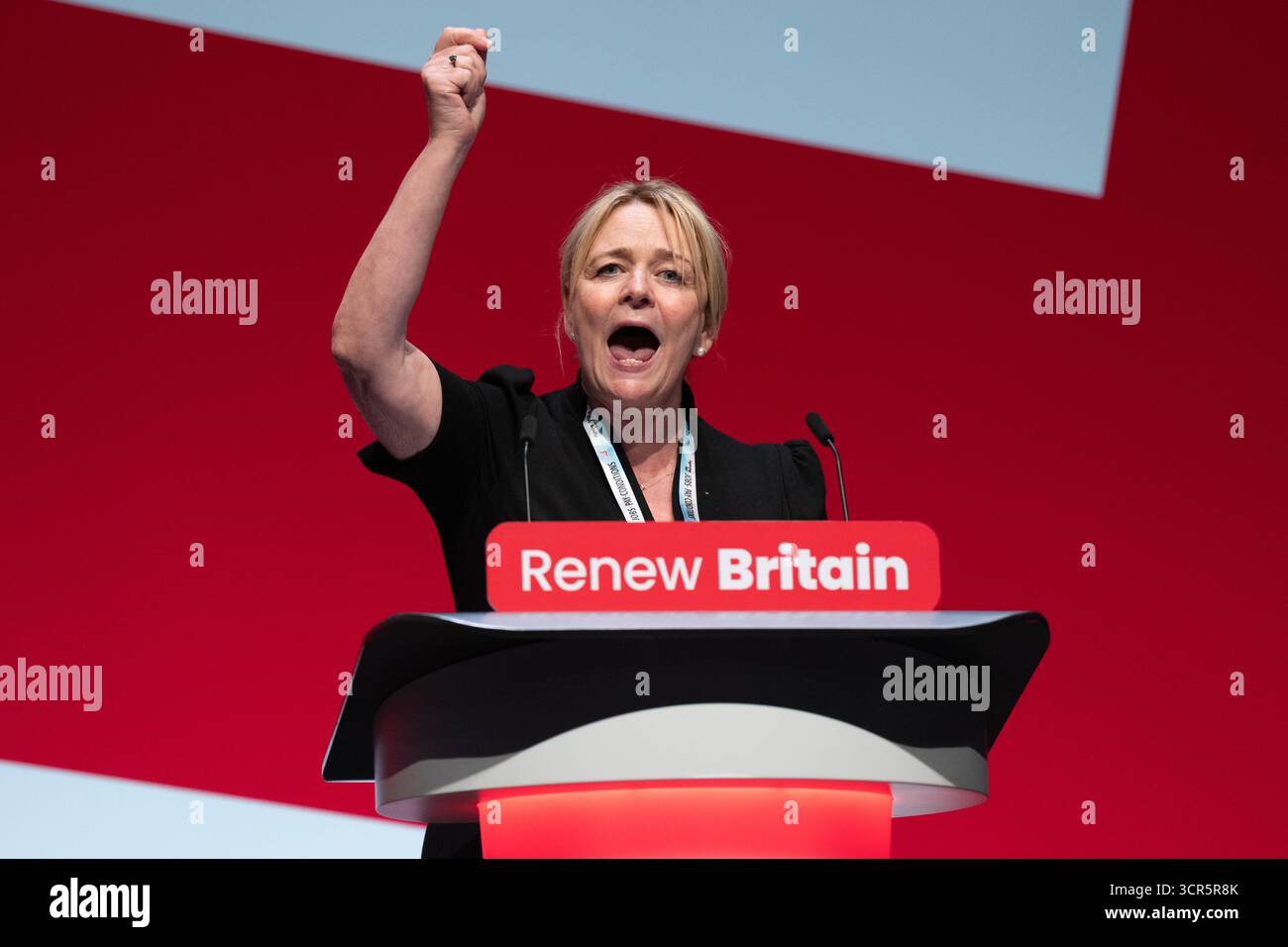Trade unionist Sharon Graham the general secretary of Unite, delivers a ...