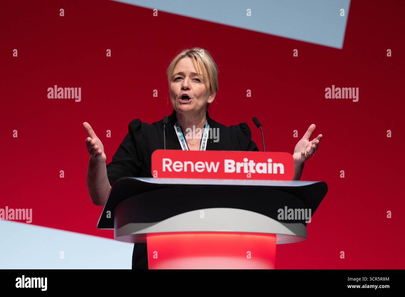 Trade unionist Sharon Graham the general secretary of Unite, delivers a ...