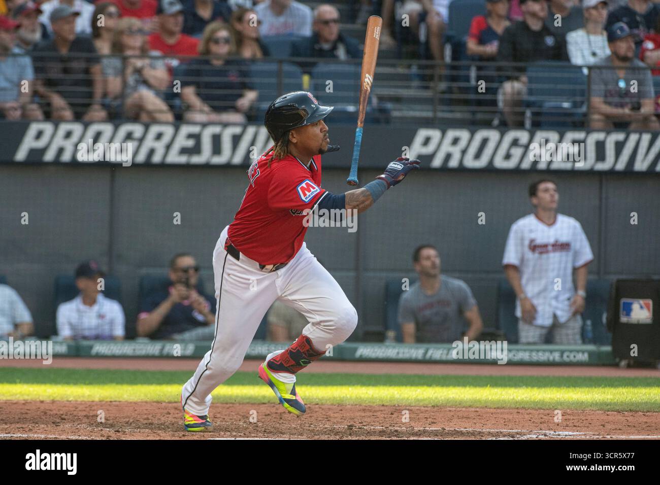 Cleveland Guardians' Jose Ramirez watches his hit during a baseball ...