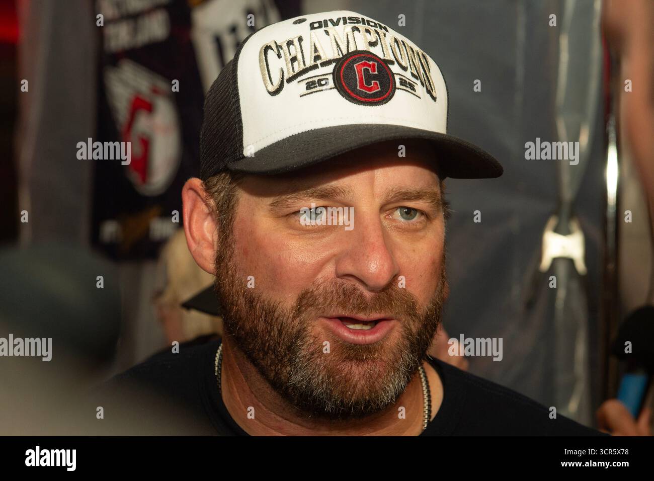 Cleveland Guardians manager Stephen Vogt speaks with reporters during ...