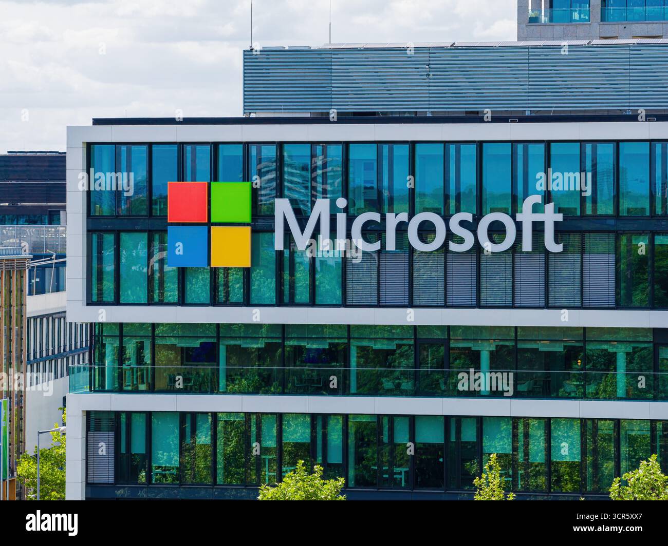 MUNICH, GERMANY - MAY 25, 2025: Close-up of Microsoft headquarters logo ...