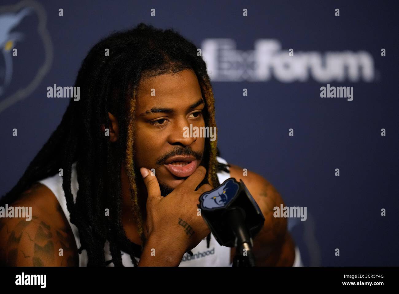 Memphis Grizzlies guard Ja Morant speaks during a news conference at ...