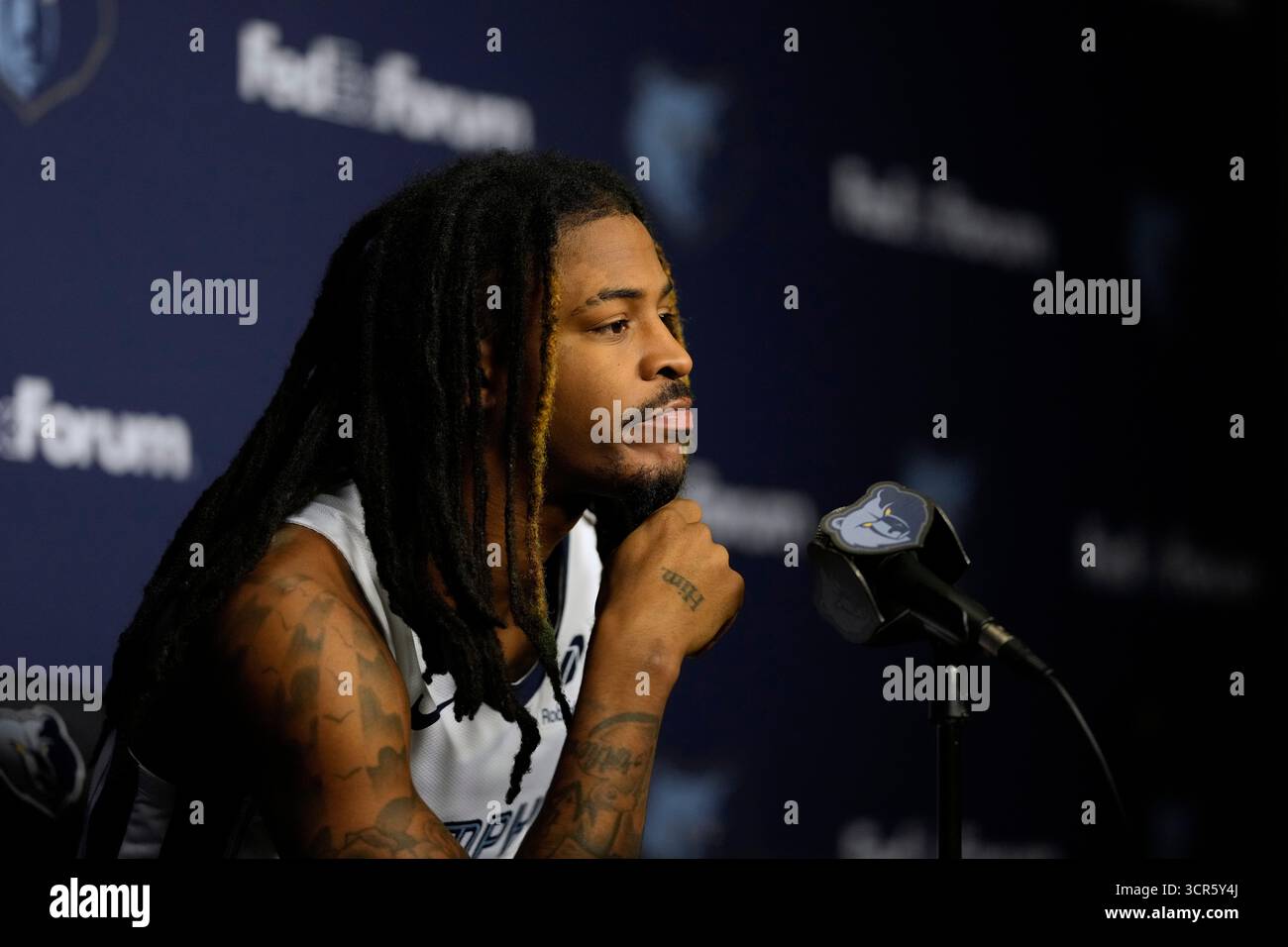 Memphis Grizzlies guard Ja Morant speaks during a news conference at ...