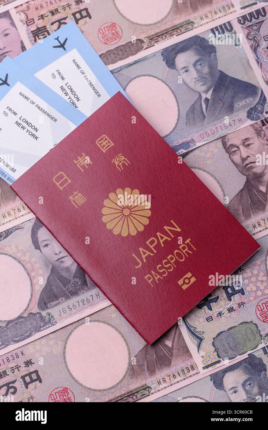 Japanese passport or id document with tickets for flight, travel ...