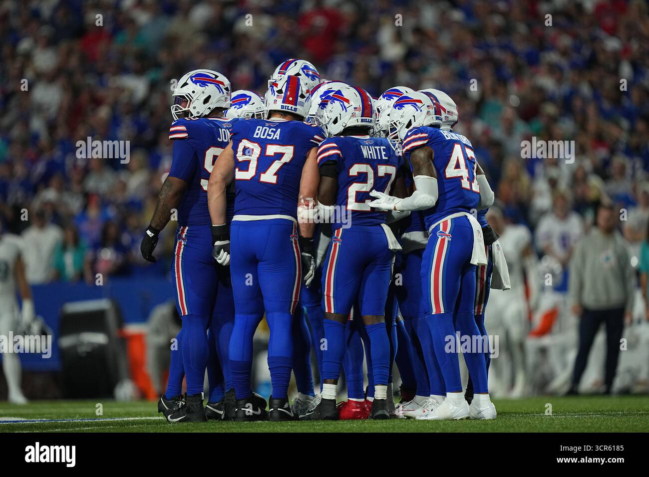 The Buffalo Bills huddle during an NFL football game,Thursday, Sept. 18 ...
