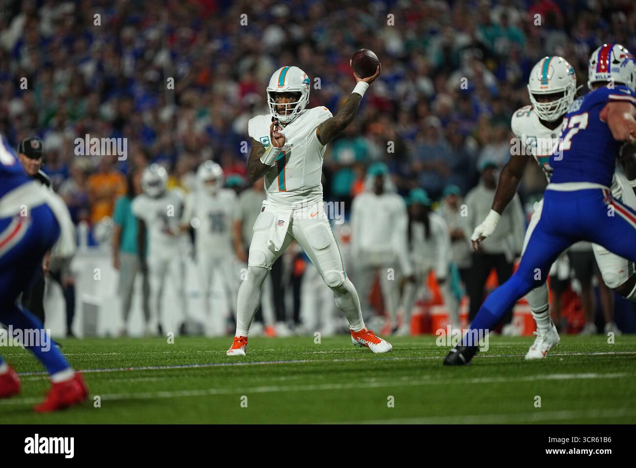 Miami Dolphins' Tua Tagovailoa in action during an NFL football game ...