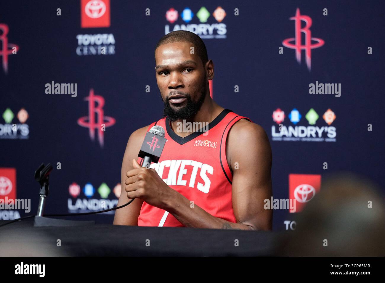 Houston Rockets forward Kevin Durant speaks to reporters during the NBA ...