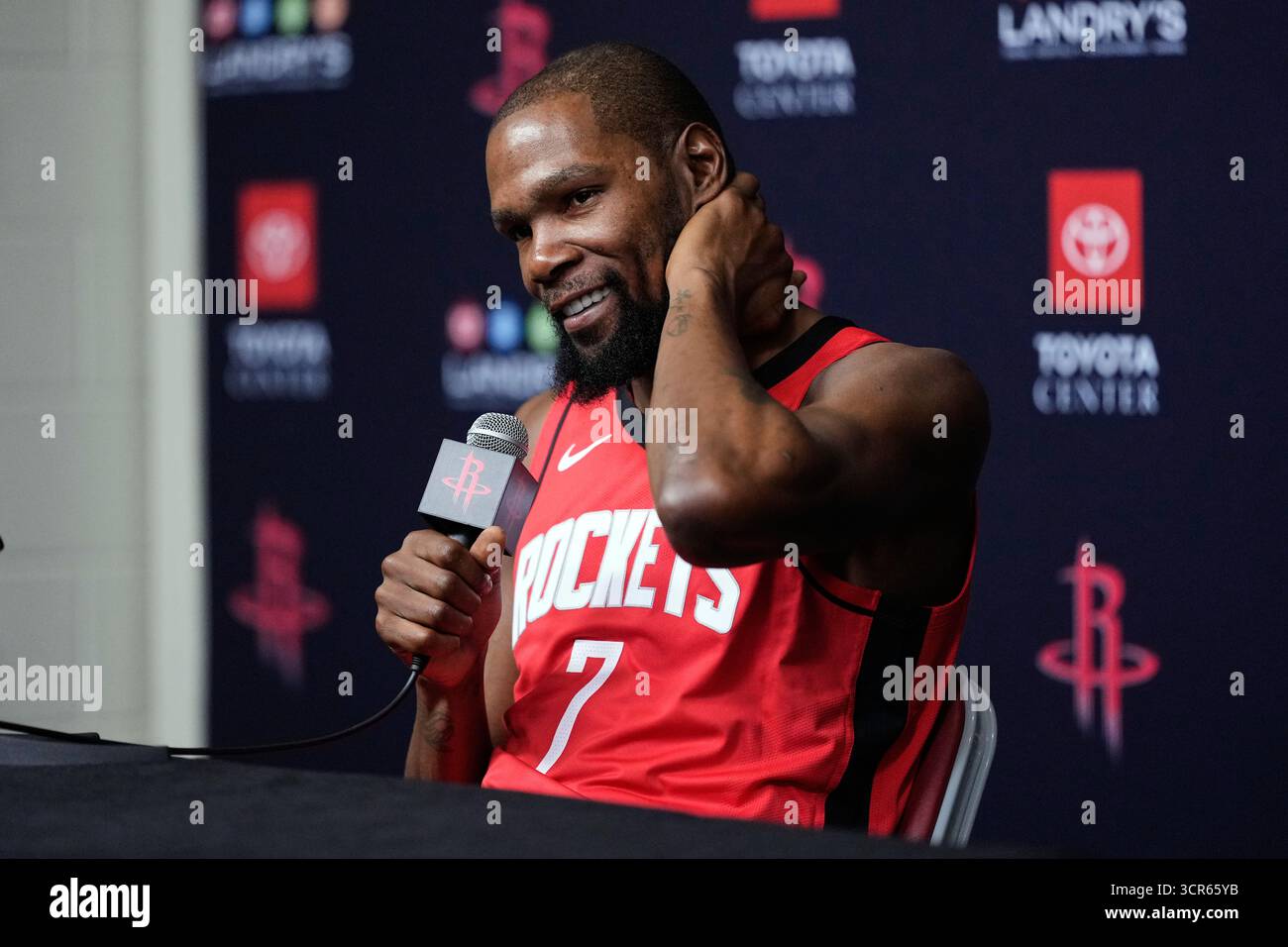 Houston Rockets forward Kevin Durant speaks to reporters during the NBA ...