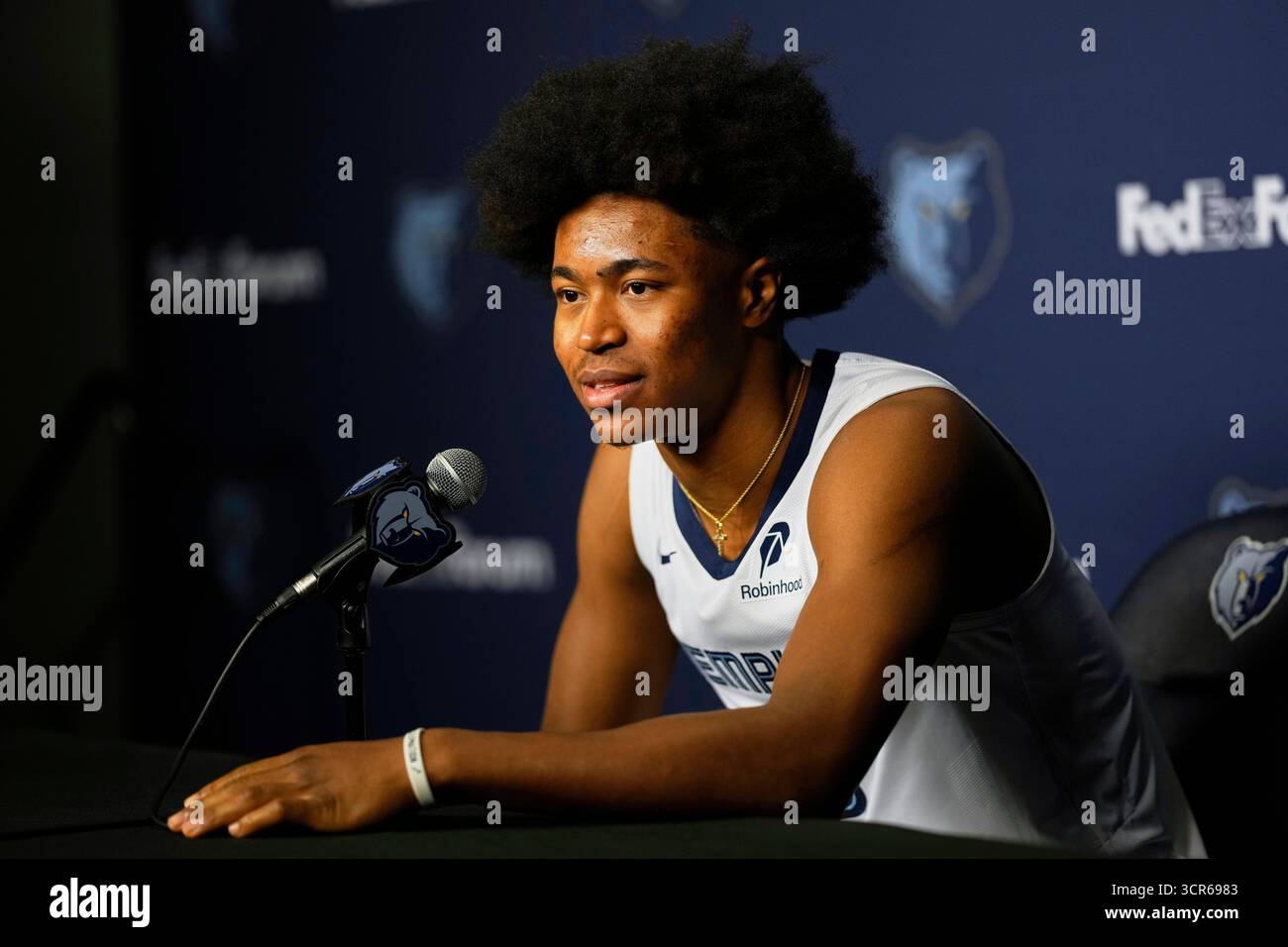 Memphis Grizzlies wing Jaylen Wells speaks during a news conference at ...
