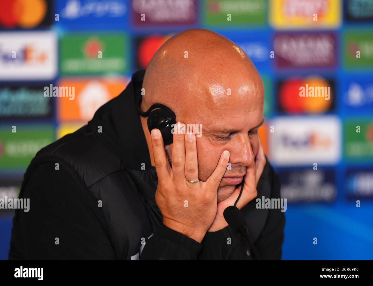 Liverpool manager Arne Slot during a press conference at the RAMS Park ...