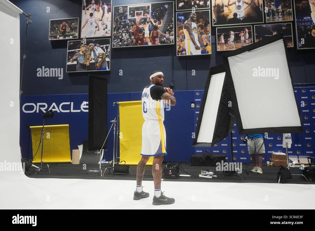 Golden State Warriors guard Gary Payton II poses for photos during the NBA basketball team's ...