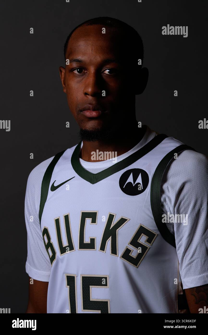 Milwaukee Bucks' Jamaree Bouyea poses for a photo during the team's NBA ...