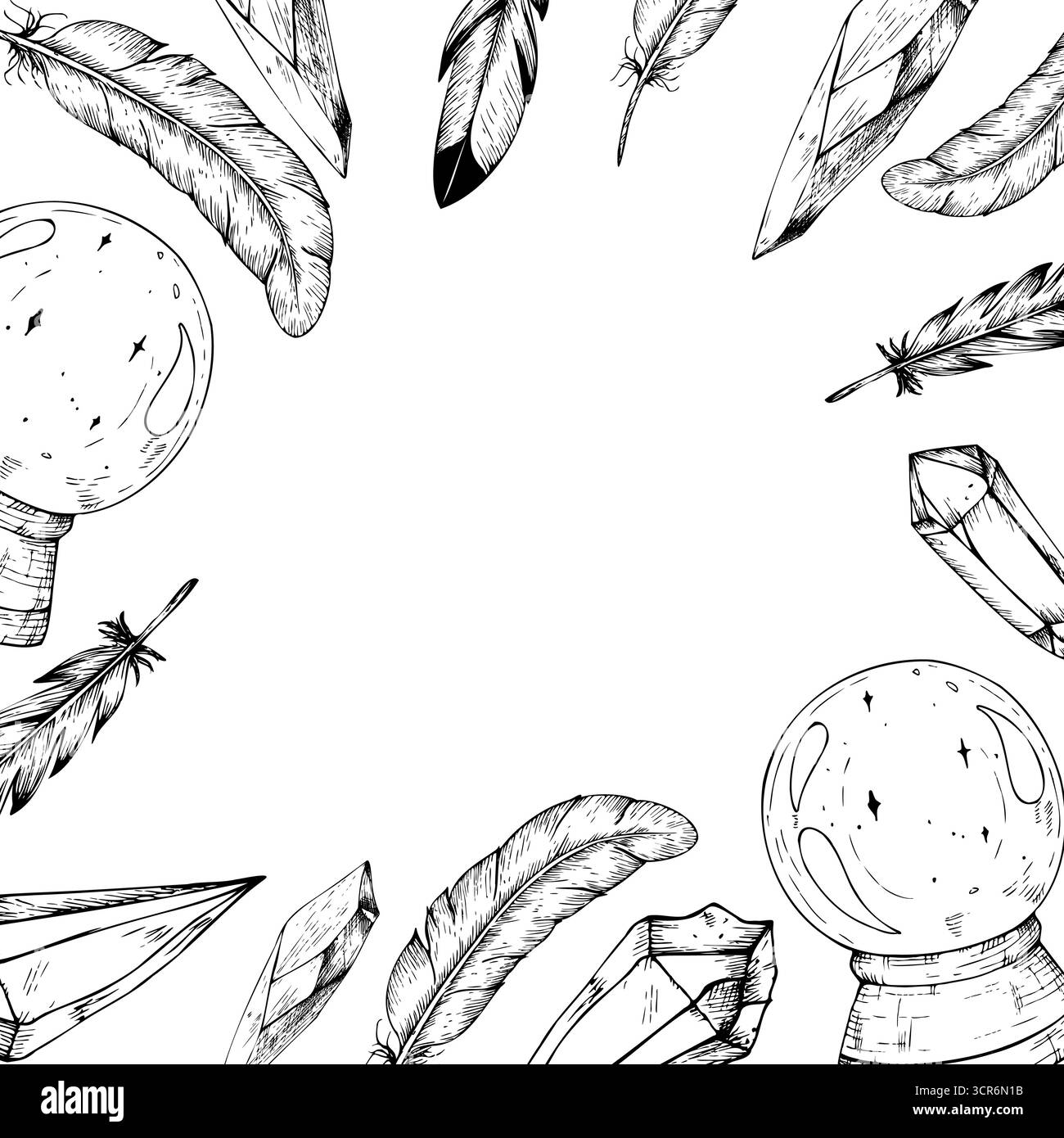 Vector frame with crystal ball to predict the fate, bird feather ...