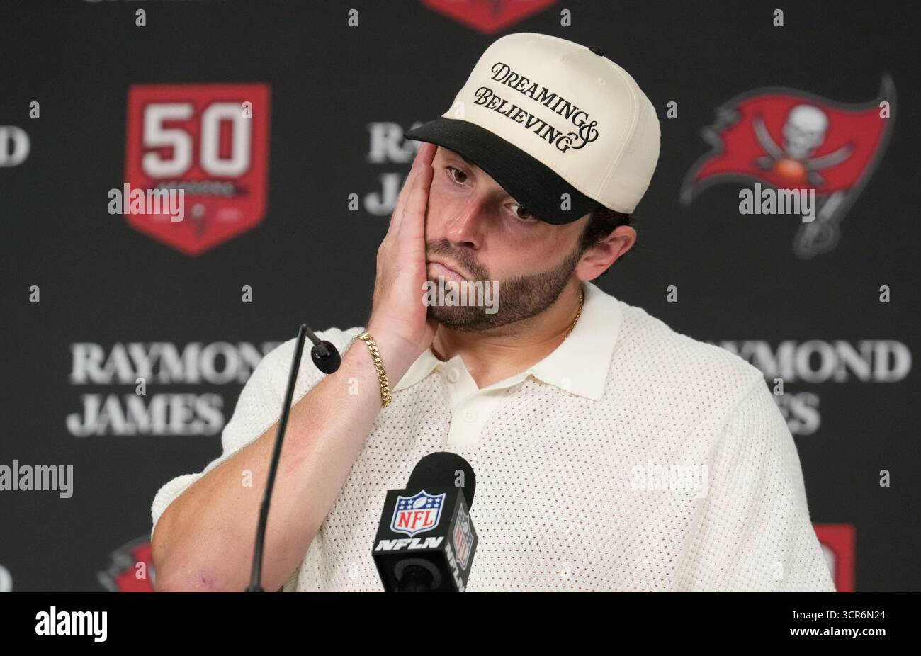 Tampa Bay Buccaneers quarterback Baker Mayfield after an NFL football ...