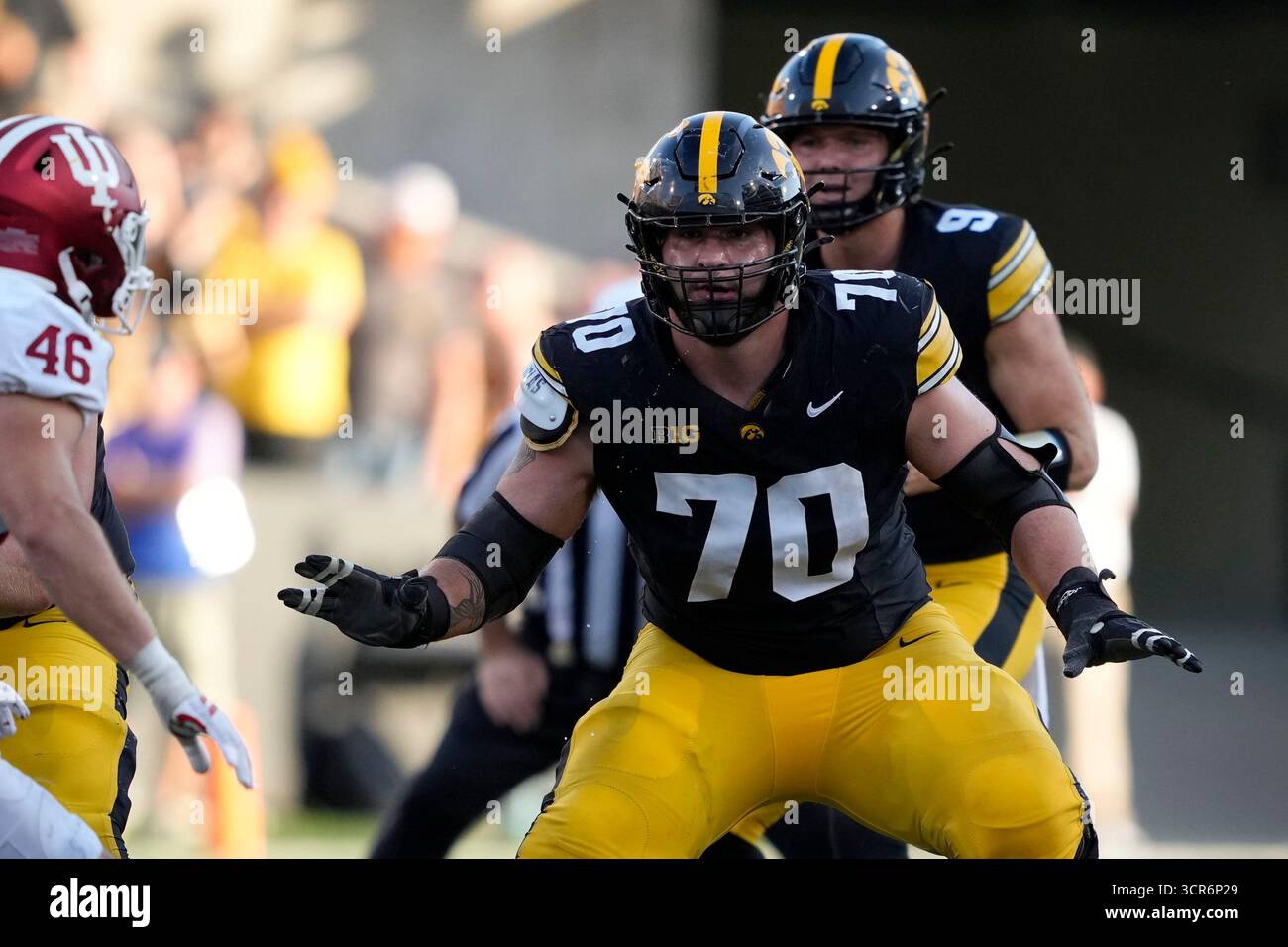 Iowa offensive lineman Beau Stephens (70) looks to make a block during ...