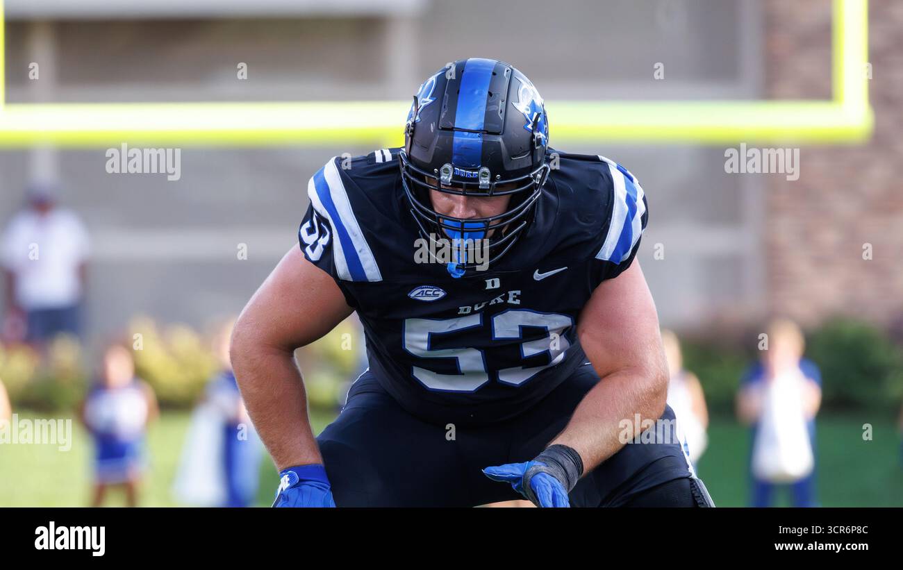 Duke's Brian Parker II (53) blocks during an NCAA football game on ...